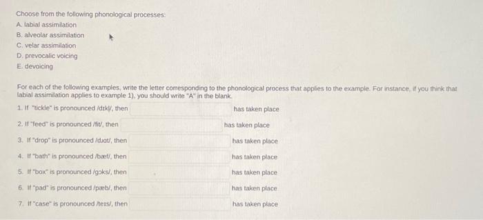 Choose from the following phonological processes: A. | Chegg.com