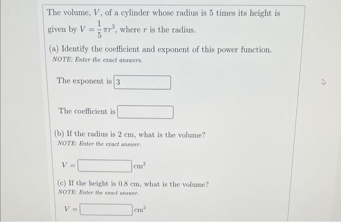 Solved The volume, V, of a cylinder whose radius is 5 times | Chegg.com