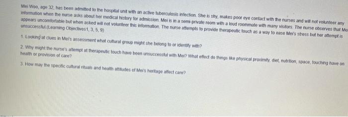 Solved Mei Woo age 32. has been admitted to the hospital | Chegg.com