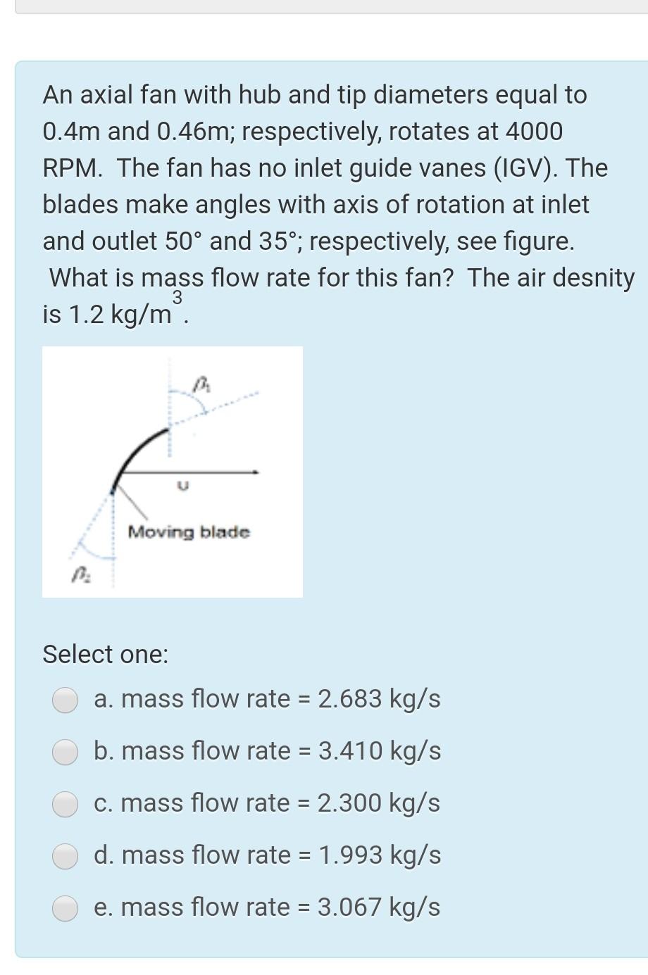 Solved An axial fan with hub and tip diameters equal to 0.4m | Chegg.com