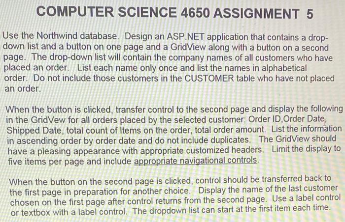 Solved COMPUTER SCIENCE 4650 ASSIGNMENT 5 Use the Northwind | Chegg.com