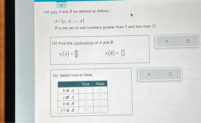 Solved Let sets A and B be defined as follows. A={a, b, c, | Chegg.com
