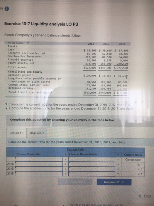 Solved wo Exercise 13-7 Liquidity analysis LO P3 Simon | Chegg.com