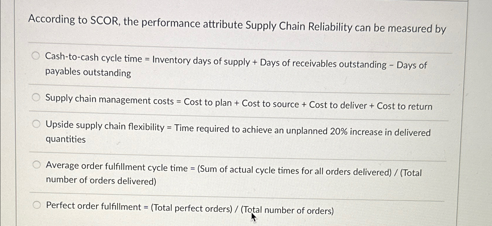 Solved According to SCOR, the performance attribute Supply | Chegg.com