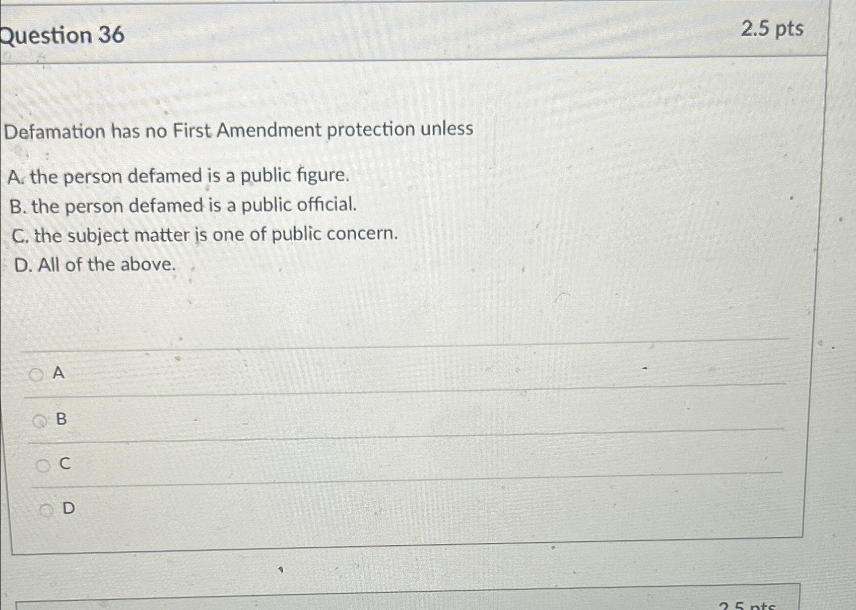 Solved Question 362.5ptsDefamation has no First Amendment | Chegg.com