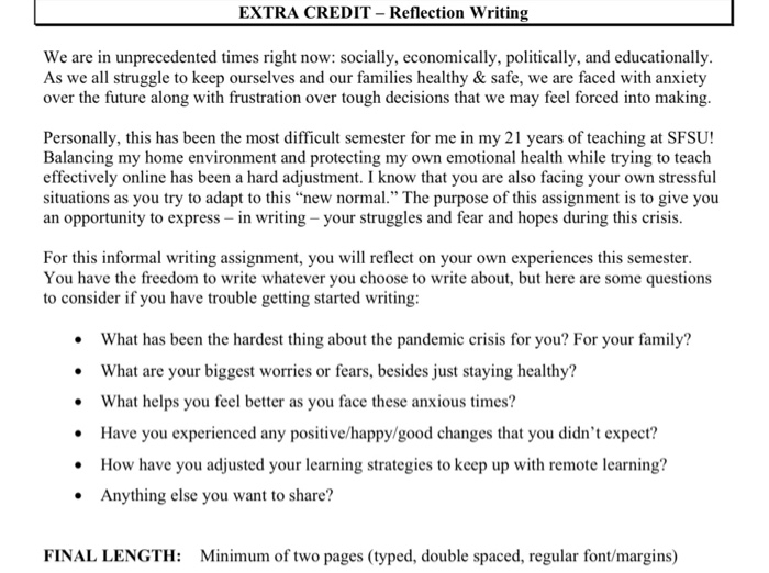 EXTRA CREDIT - Reflection Writing We are in | Chegg.com