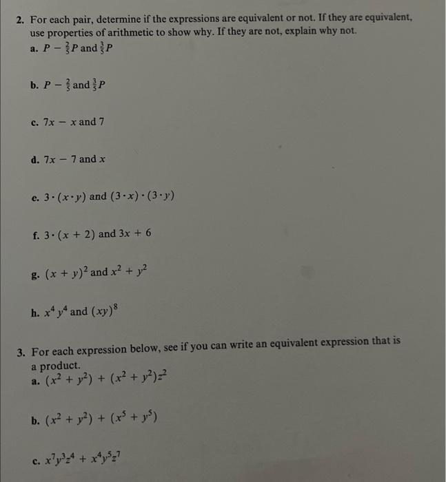 Solved 2. For each pair, determine if the expressions are | Chegg.com