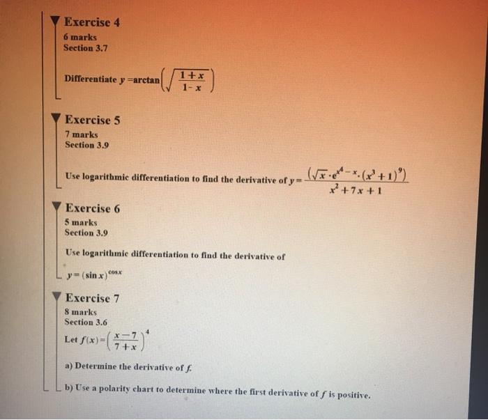 Solved Exercises Use derivative formulas and not the limit | Chegg.com