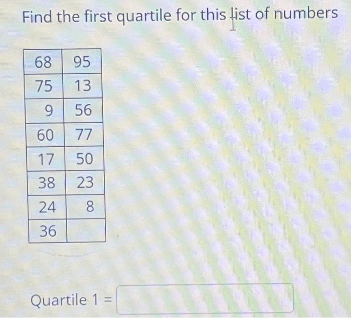 Solved Find the first quartile for this list of numbers 68 | Chegg.com