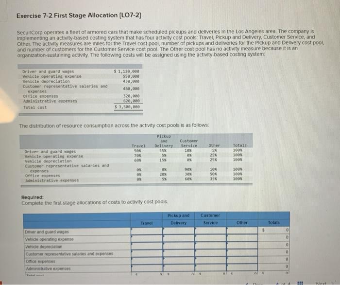 Solved Exercise 7-2 First Stage Allocation (L07-2) | Chegg.com