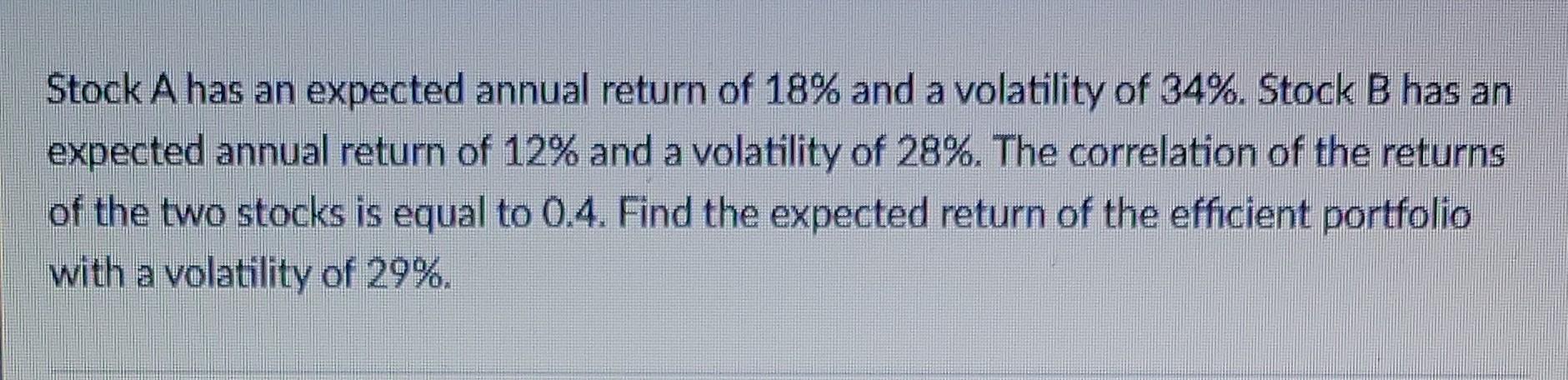 Solved Stock A has an expected annual return of 18% and a | Chegg.com