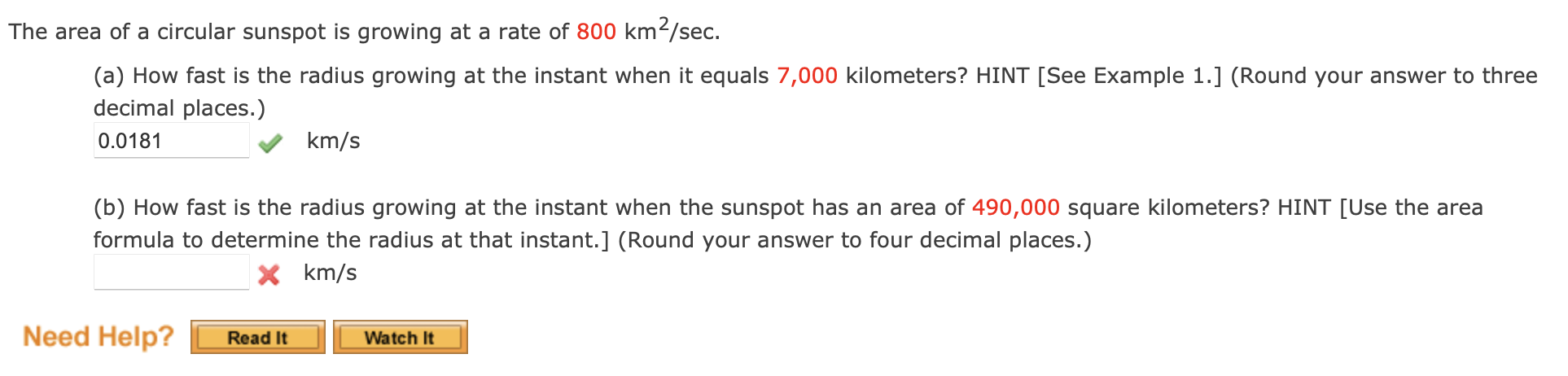 Solved The area of a circular sunspot is growing at a rate | Chegg.com