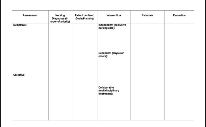 Solved Hi! I need a formal nursing care plan table for this | Chegg.com