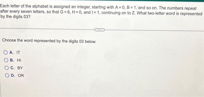 Solved Each letter of the alphabet is assigned an integer, | Chegg.com
