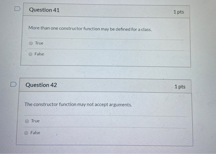 Solved Question 41 1 pts More than one constructor function | Chegg.com Solved Question 41 1 pts More than one constructor function | Chegg.com