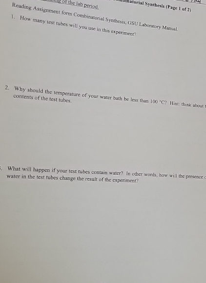 Solved ent form Combinatorial Synthesis, GSU Laboratory | Chegg.com