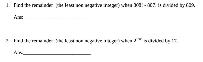 Solved 1. Find the remainder (the least non negative | Chegg.com