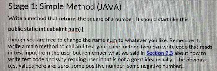 Solved Stage 1: Simple Method (JAVA) Write a method that | Chegg.com