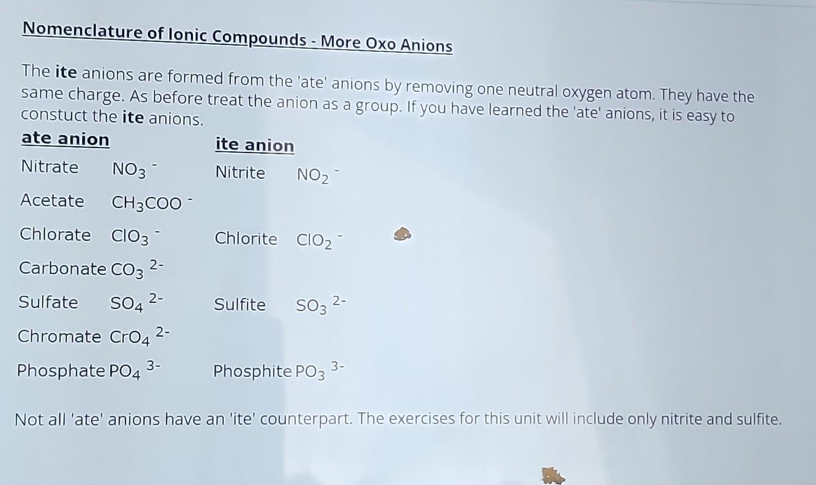 Solved Nomenclature of lonic Compounds - More Oxo Anions The | Chegg.com