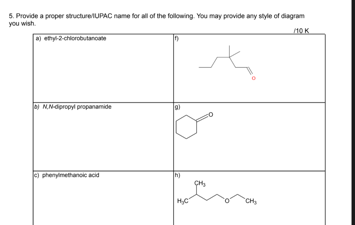 Solved Provide a proper structure/IUPAC name for all of the | Chegg.com
