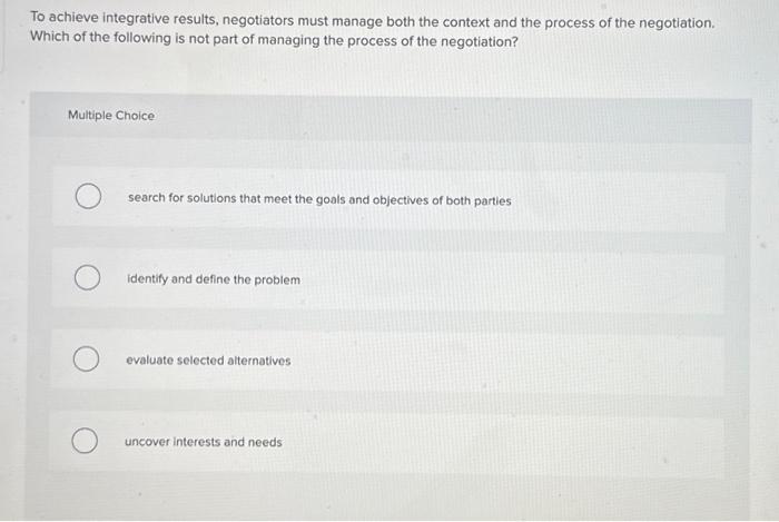 Solved To achieve integrative results, negotiators must | Chegg.com