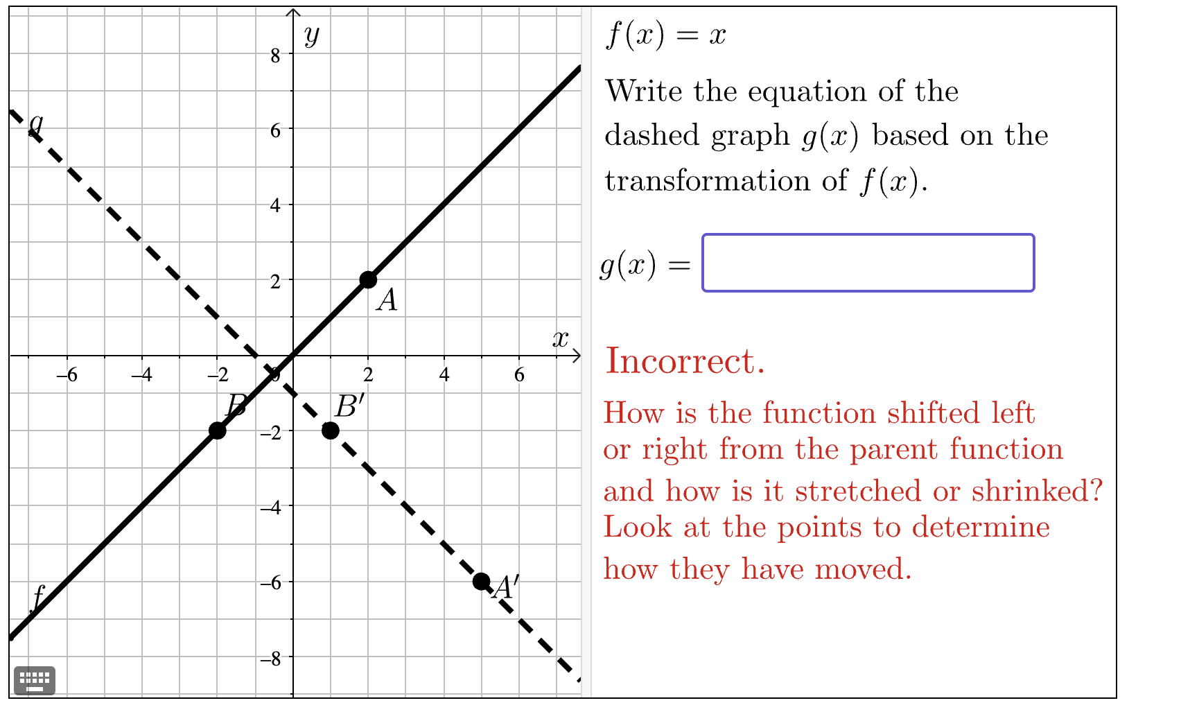 Solved f(x)=xWrite the equation of ﻿thedashed graph g(x) | Chegg.com