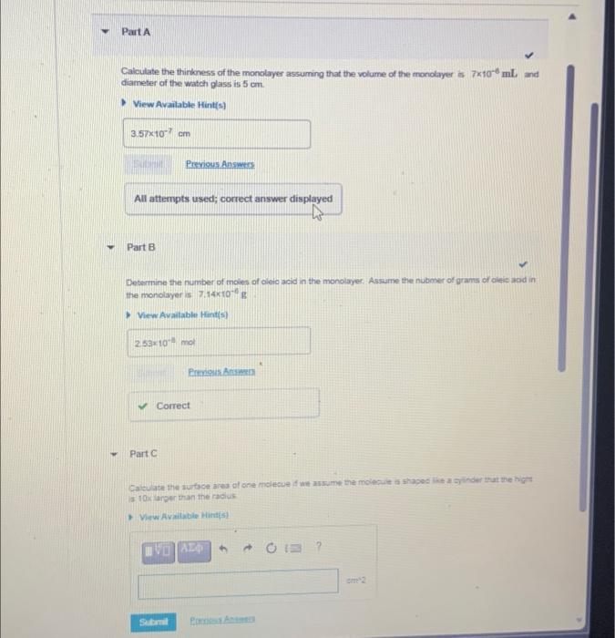 Solved V Part A Calculate the thinkness of the monolayer | Chegg.com