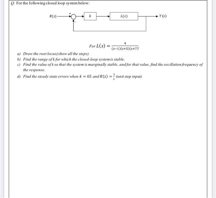 Solved Q: For the following closed loop system below: For | Chegg.com