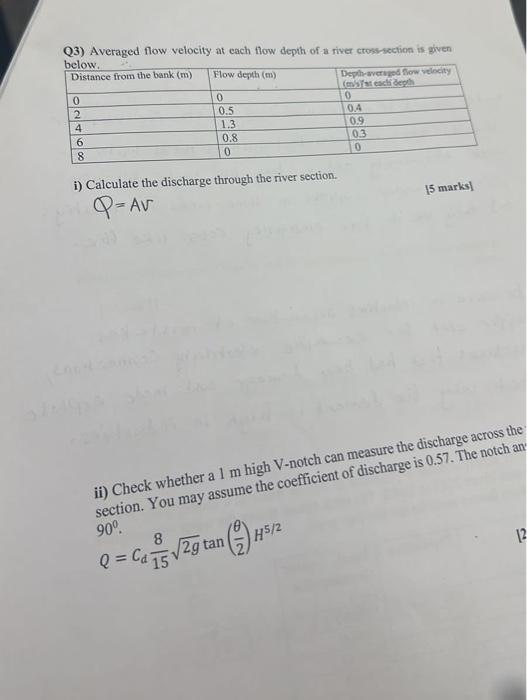 Solved Q3) Averaged flow velocity at each flow depth of a | Chegg.com
