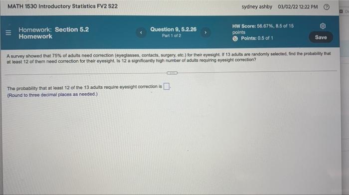 Solved MATH 1530 Introductory Statistics FV2 S22 sydney | Chegg.com