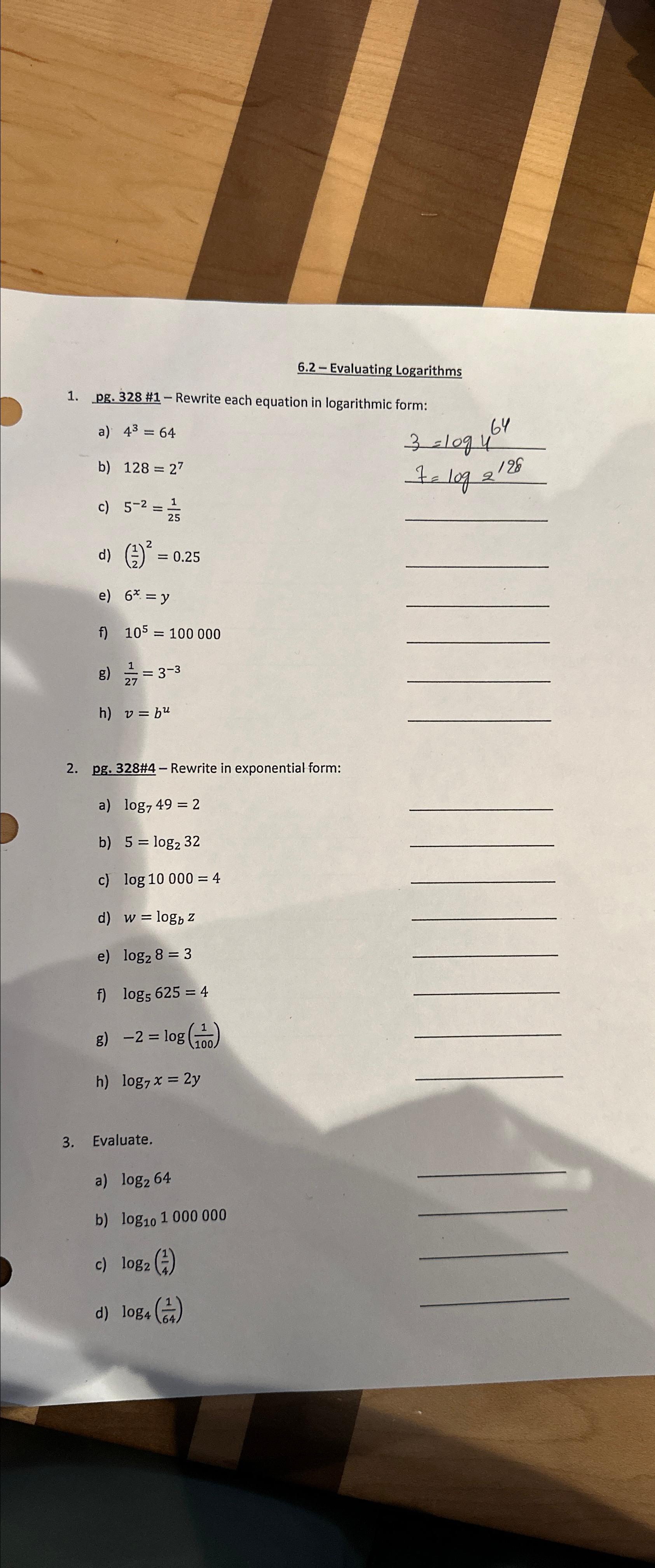 Solved 6.2 - ﻿Evaluating Logarithms ?()pg. 328 ﻿#1 - | Chegg.com