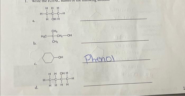 Solved a. b. C. te the d. HH H TIT H-C-C-C-H 1. IT H OH H | Chegg.com