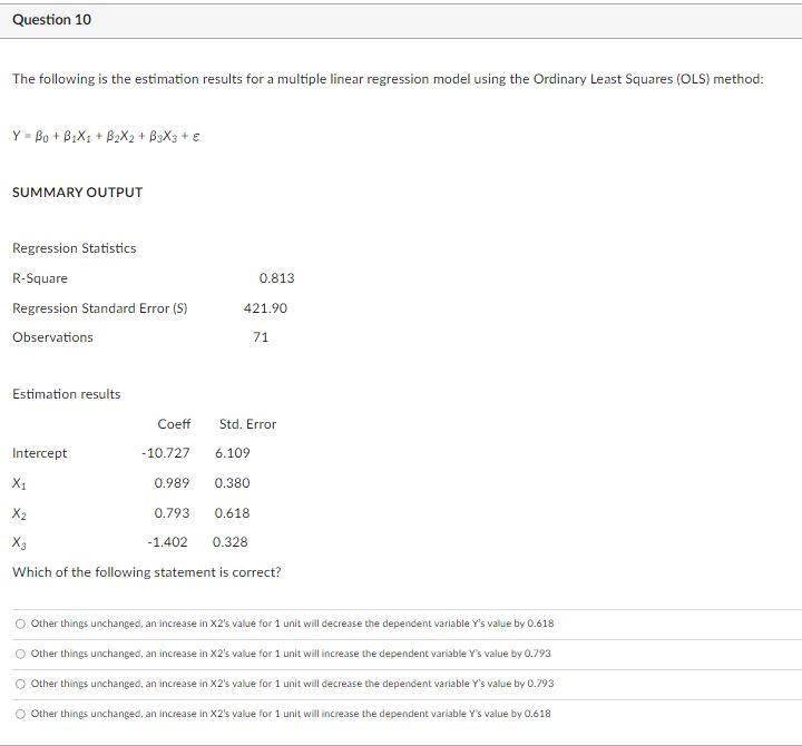 Solved Question 10The following is the estimation results | Chegg.com