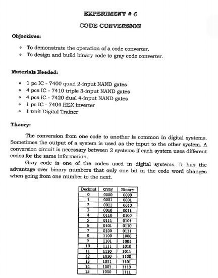 Solved EXPERIMENT 16 CODE CONVERSION Objectives: • To | Chegg.com