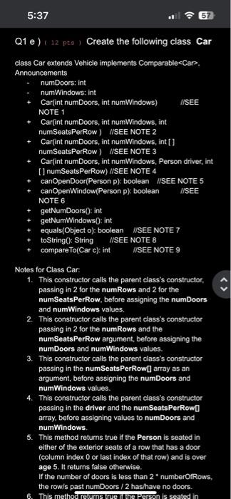 Solved 5:36 ot 尺 57 Q1 c) 20 pta, Create the following class | Chegg.com