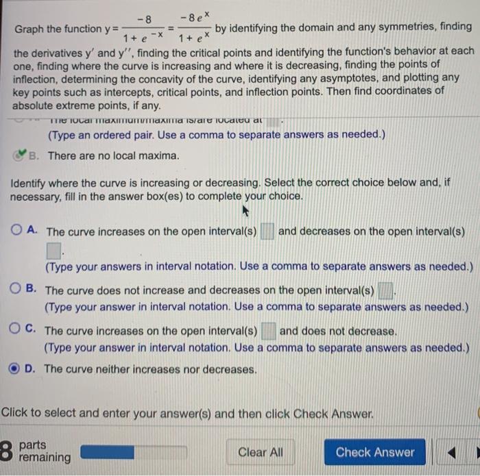 Solved -8ex -X -8 Graph the function y = by identifying the | Chegg.com