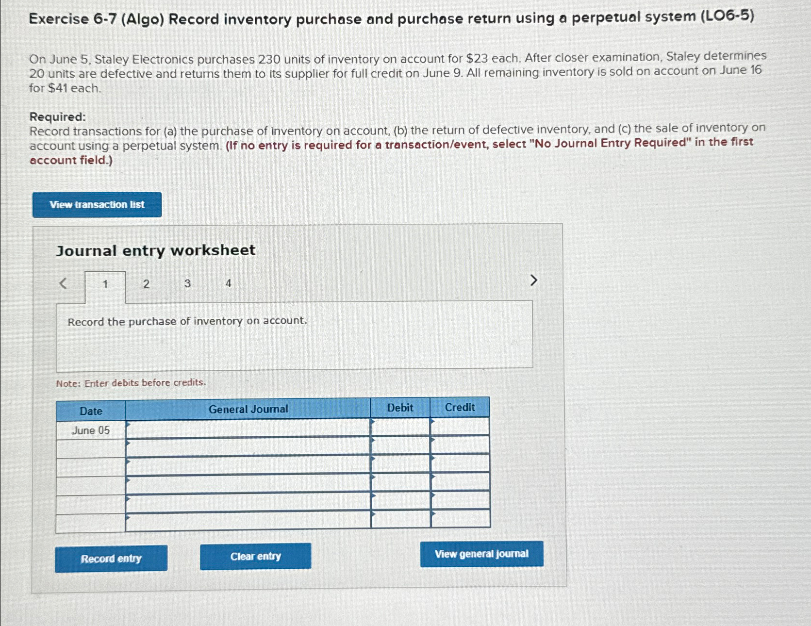Solved Exercise 6-7 (Algo) ﻿Record inventory purchase and | Chegg.com