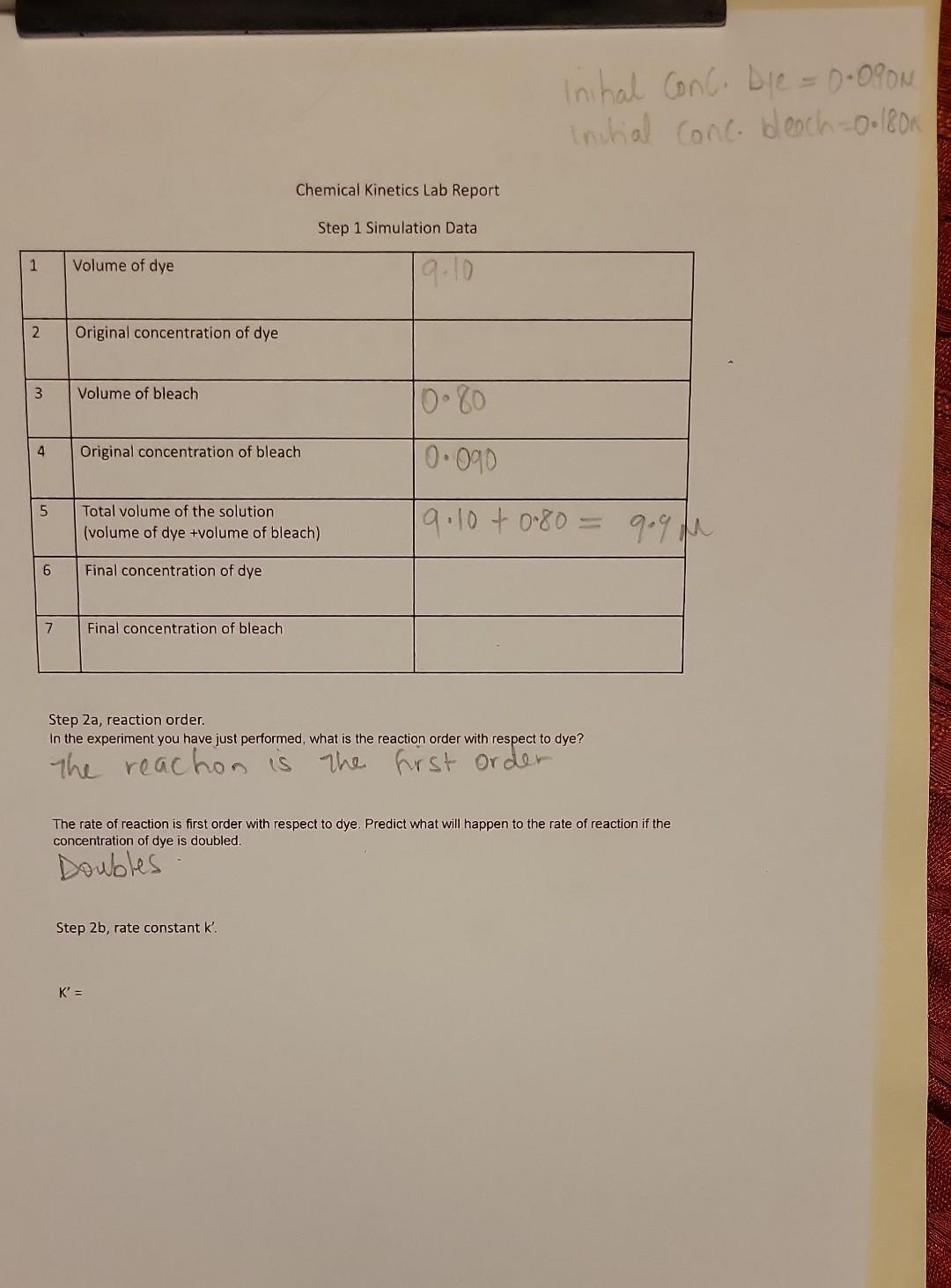 Chemical Kinetics Lab Report Step 1 Simulation Data | Chegg.com