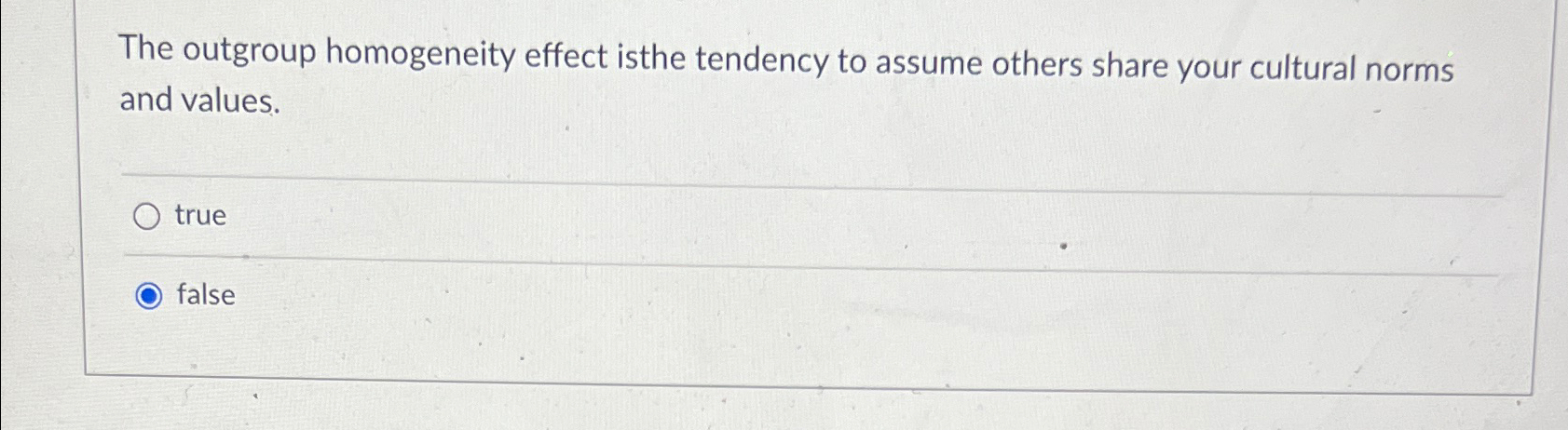 Solved The outgroup homogeneity effect isthe tendency to | Chegg.com
