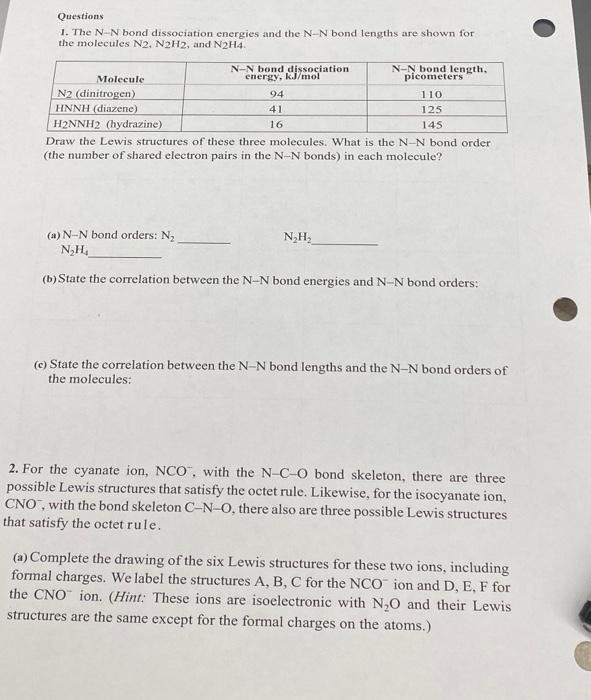 Solved Questions 1. The N-N bond dissociation energies and | Chegg.com