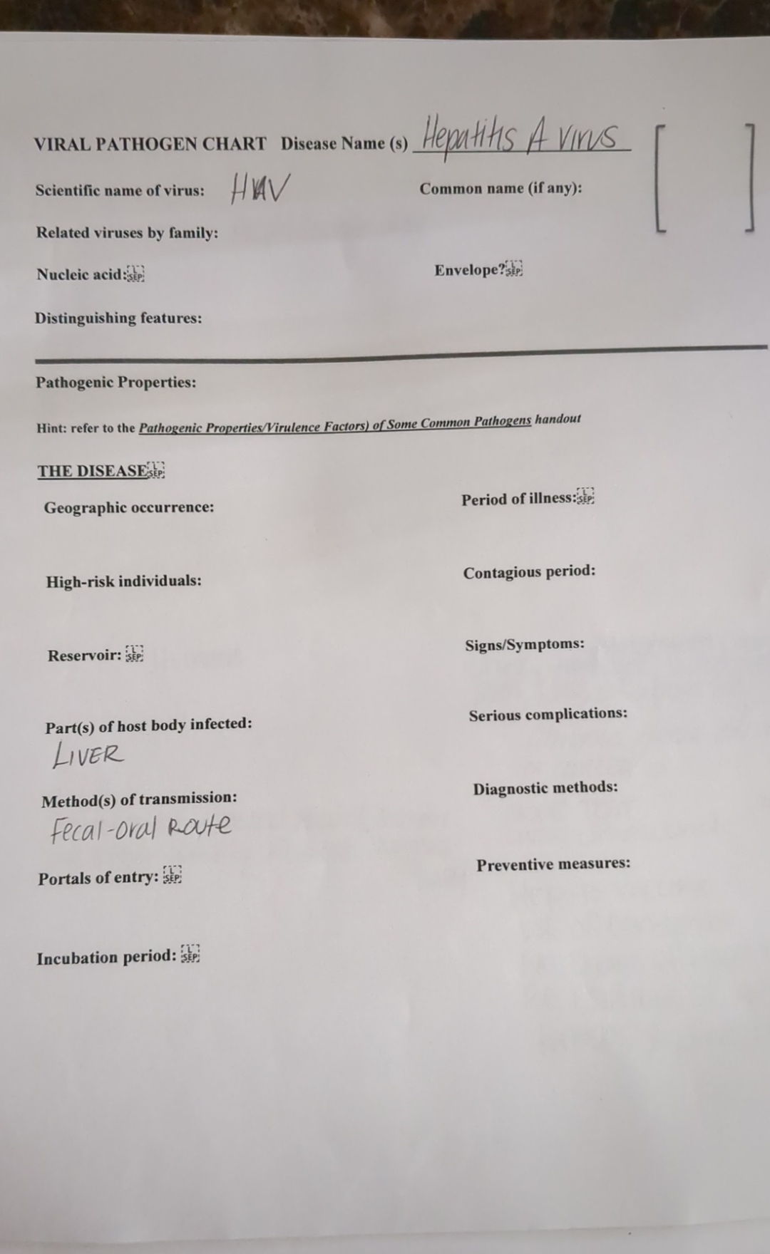 Solved VIRAL PATHOGEN CHART Disease Name (s) ﻿Hepatitis A | Chegg.com