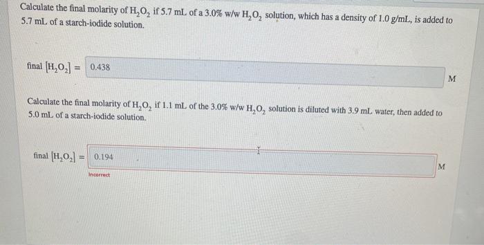 Solved Calculate the final molarity of H, O, if 5.7 mL of a | Chegg.com