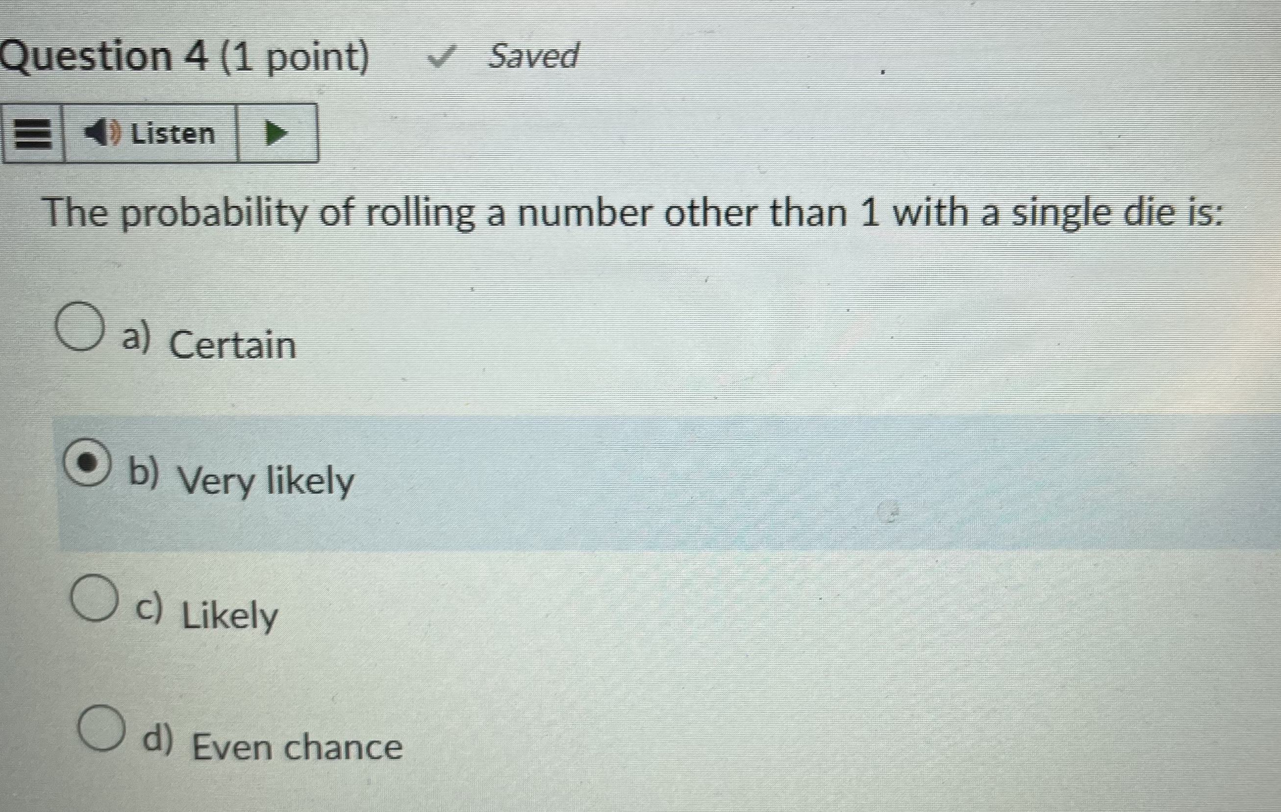 Solved The probability of rolling a number other than 1 | Chegg.com