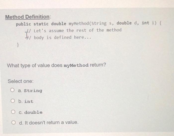 Solved Method Definition: public static double | Chegg.com