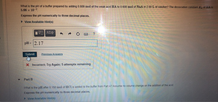 Solved What is the pH of a buffer prepared by adding 0.809 | Chegg.com