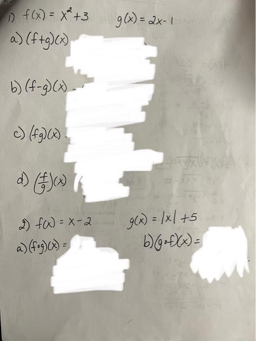 Solved f(x)=x2+3g(x)=2x−1 (f+g)(x) (f−g)(x)= (fg)(x) d) | Chegg.com