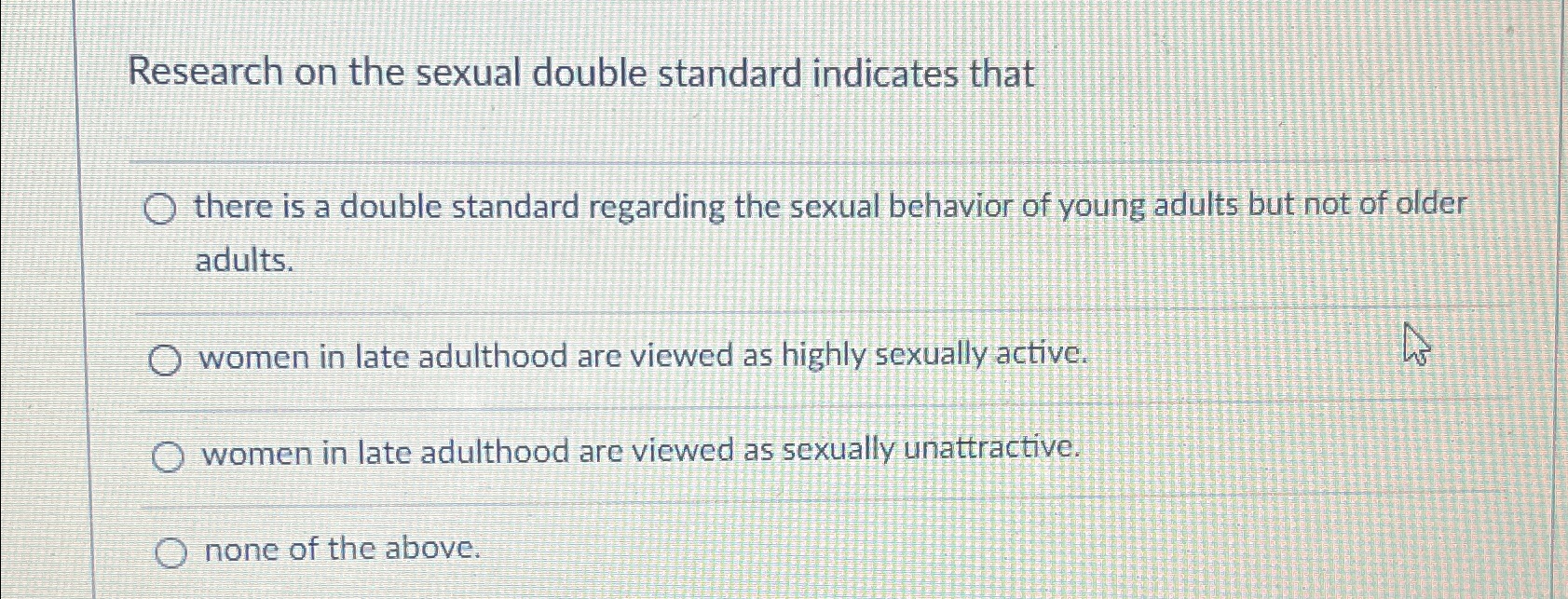 Solved Research on the sexual double standard indicates | Chegg.com