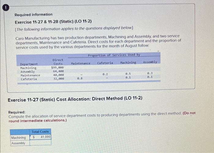 Solved Required information Exercise 11-27 \& 11-28 (Static) | Chegg.com