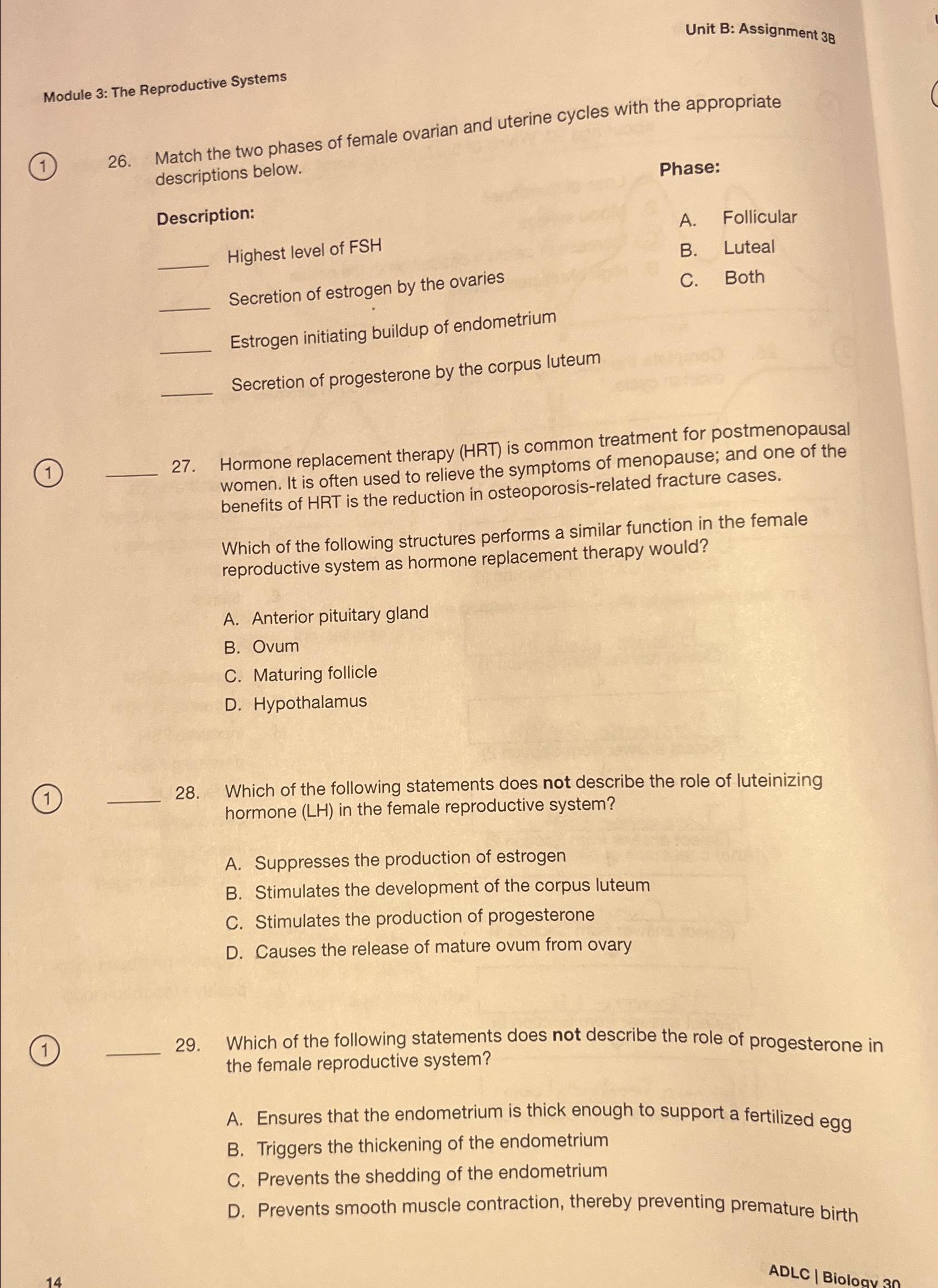 Solved Unit B: Assignment 3BModule 3: The Reproductive | Chegg.com