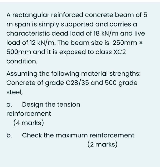 Solved A rectangular reinforced concrete beam of 5 m span is | Chegg.com
